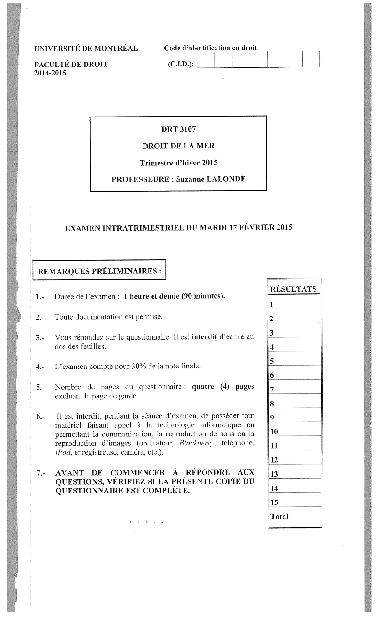 Exemple de l'examen intra - Notes et questions importantes - Studocu