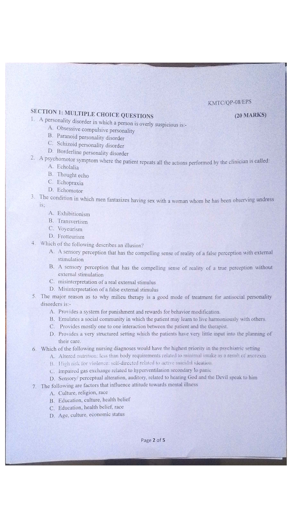 Mental Health & Psychiatric MCQ Review (20 Marks) - Studocu