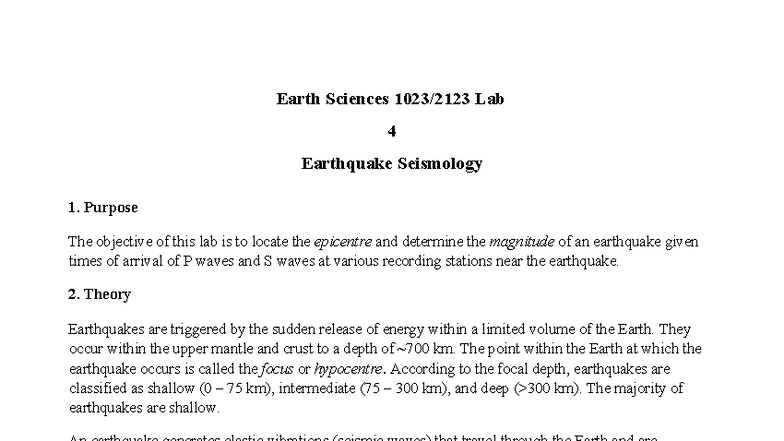 Earth Sciences Lab 4: Earthquake Seismology Analysis - Studocu