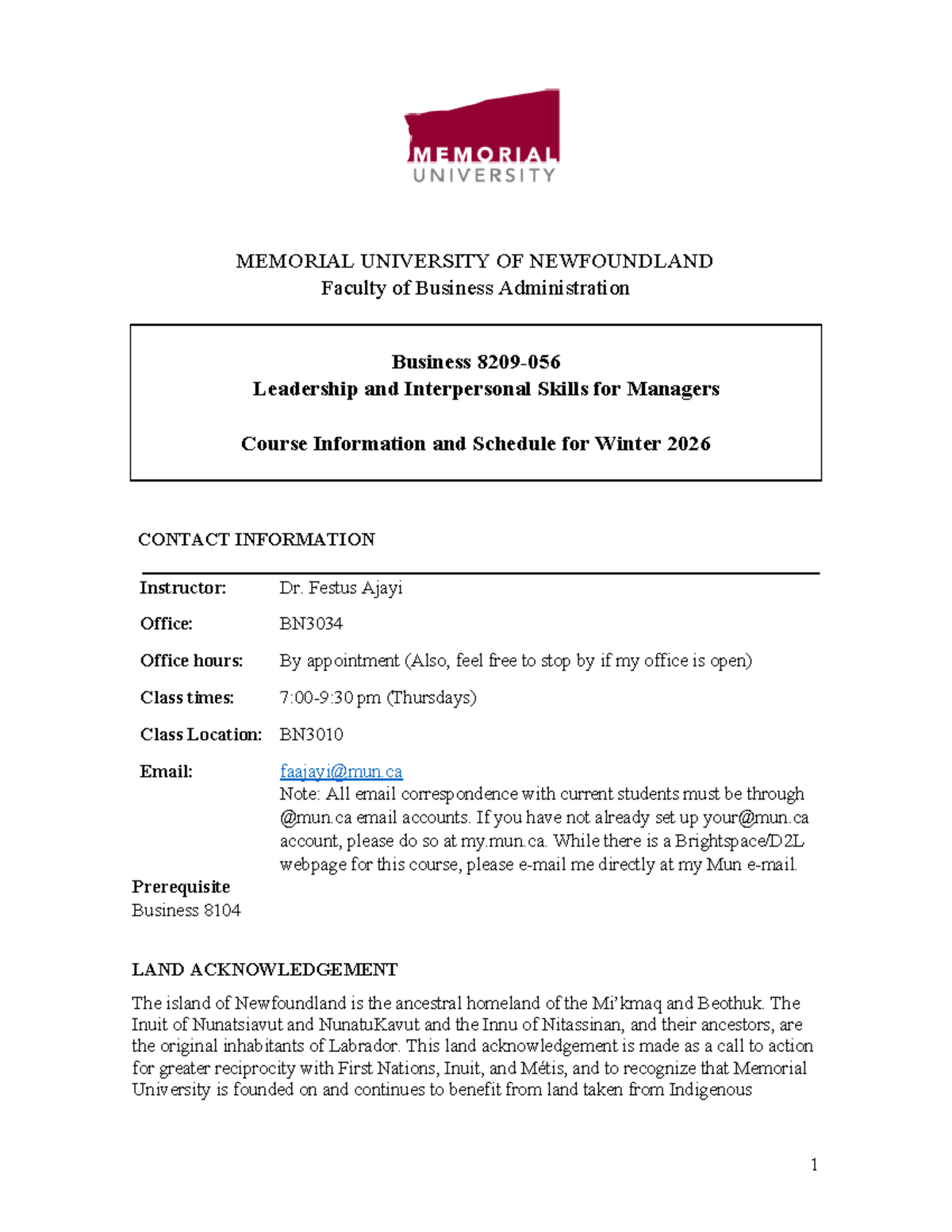 BUSI 8209 Course Outline: Leadership & Interpersonal Skills W2026 - Studocu