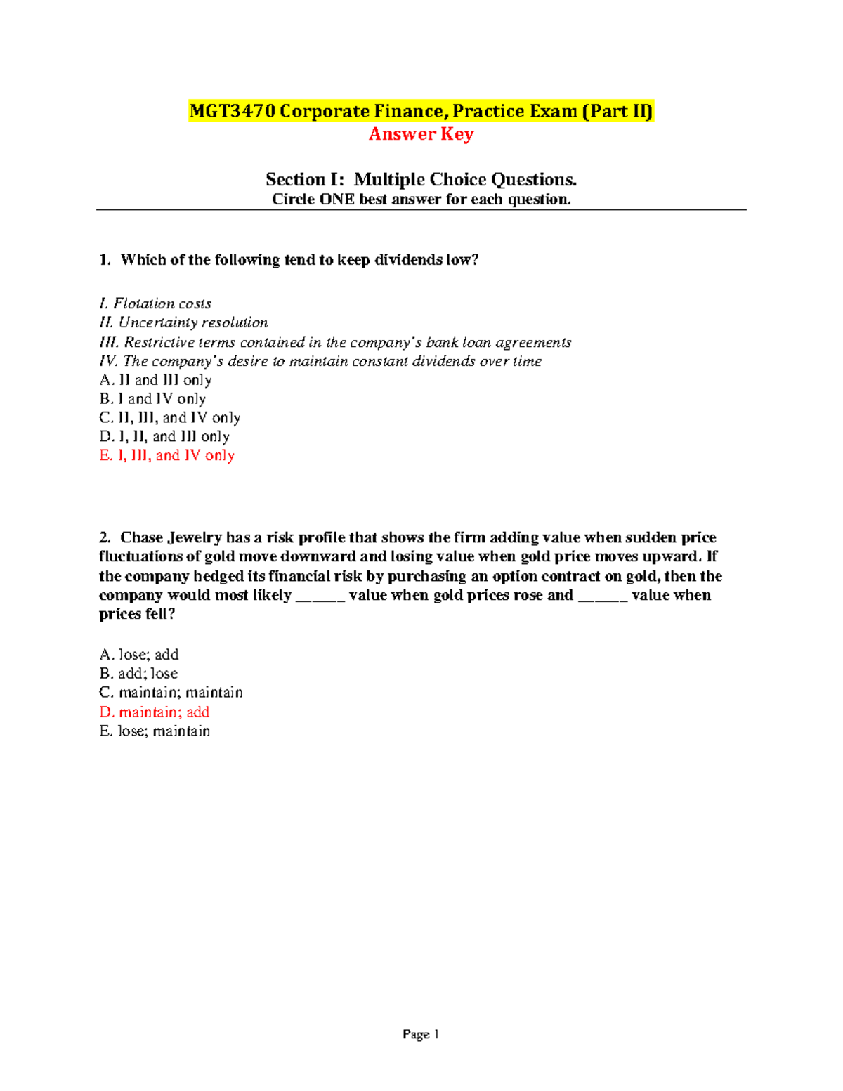 Corporate Finance FINAL EXAM Sample - MGT3470 Corporate Finance ...