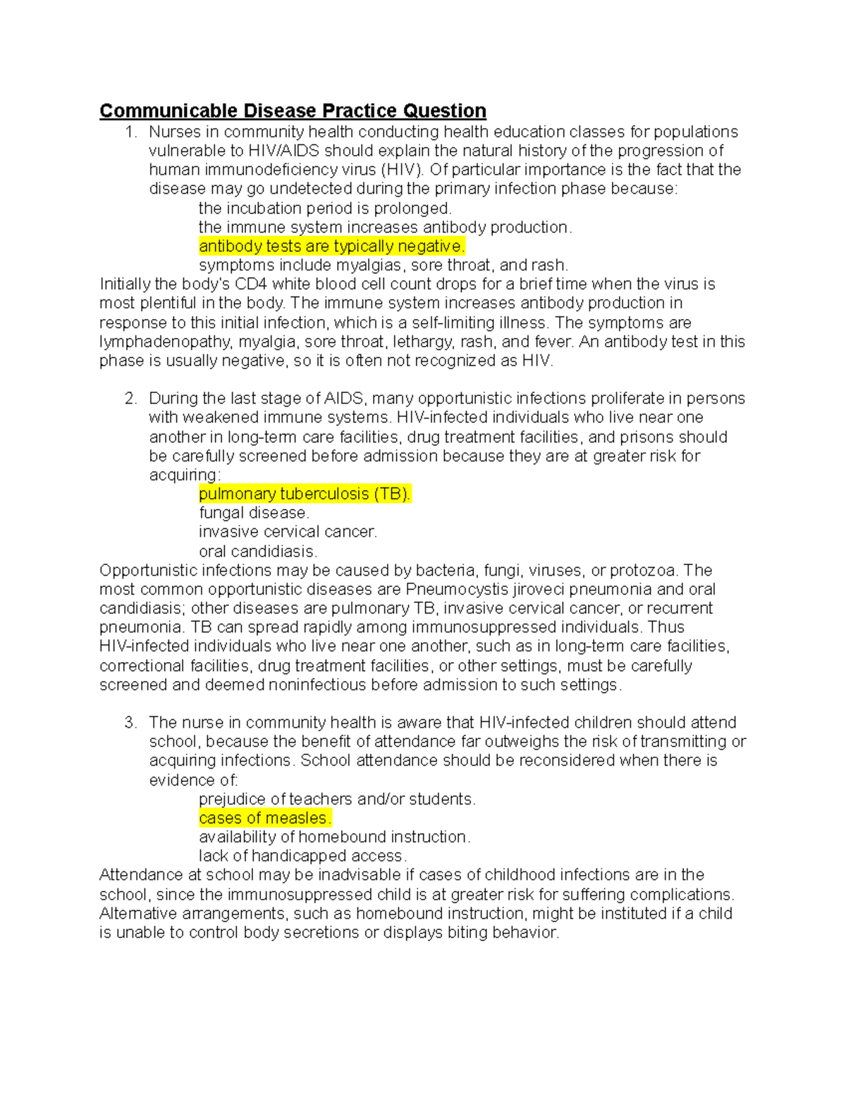 Communicable Disease Practice Questions for Nursing Education - Studocu