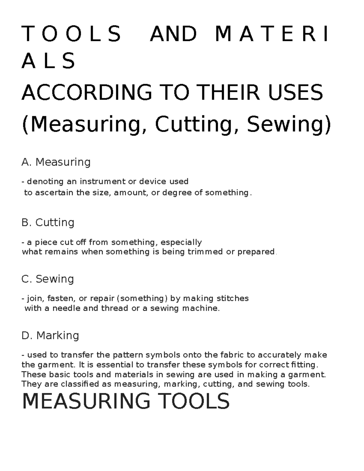 TLE 6: Tools and Materials for Measuring, Cutting, and Sewing - Studocu