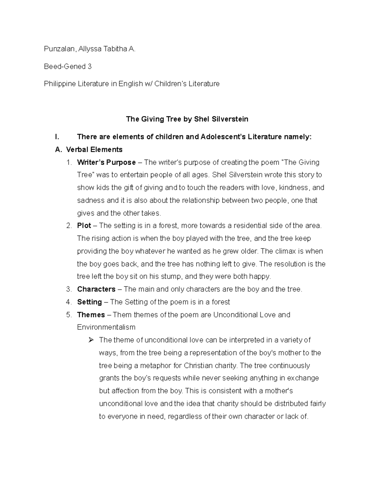 An Analysis of "The Giving Tree" - Beed-Gened 3 Philippine Lit - Studocu