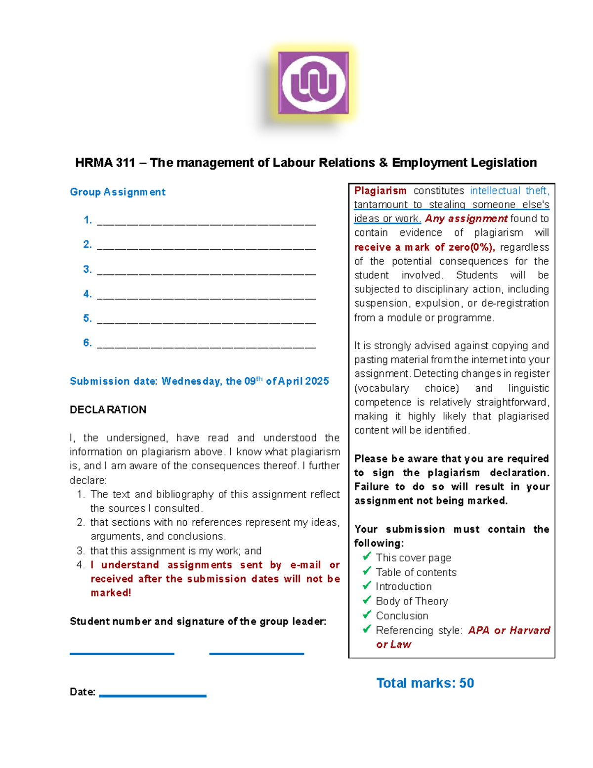 HRMA 311 - Group Assignment on Labour Relations - April 2025 - Studocu