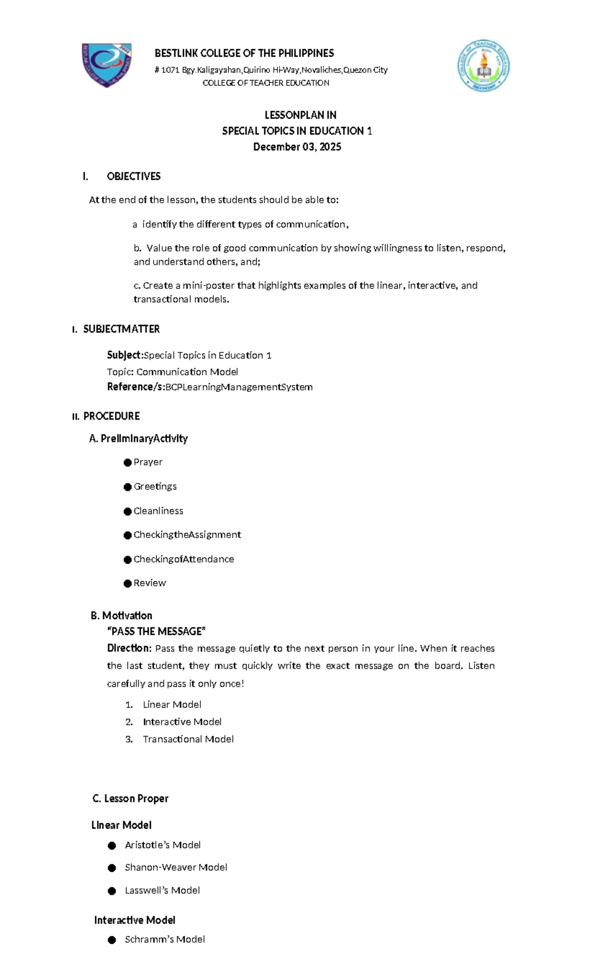 CTE 1071 Lesson Plan: Communication Models in Special Topics in ...