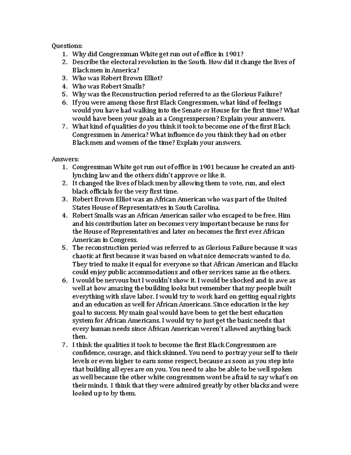 Unit 5 Lab: Key Questions on Reconstruction and Black Congressmen - Studocu