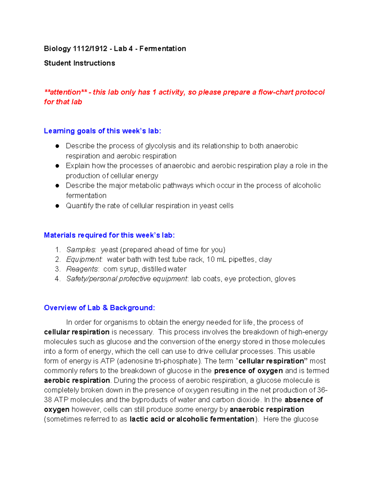 Biology Lab 4: Alcoholic Fermentation Protocol & Student Instructions ...