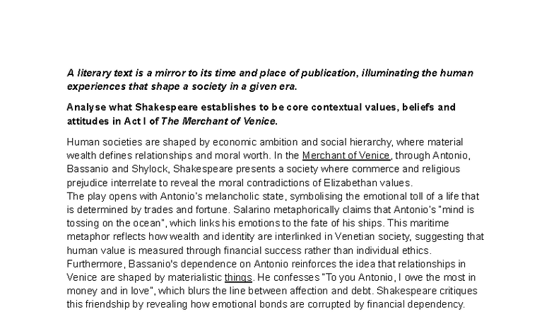 ENG 201: Analysis of Core Contextual Values in Act I of The Merchant of ...