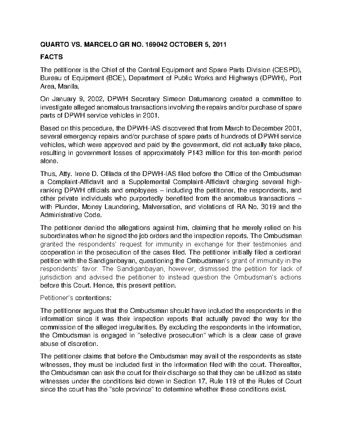 Quarto VS. Marcelo GR NO. 169042 - QUARTO VS. MARCELO GR NO. 169042 ...