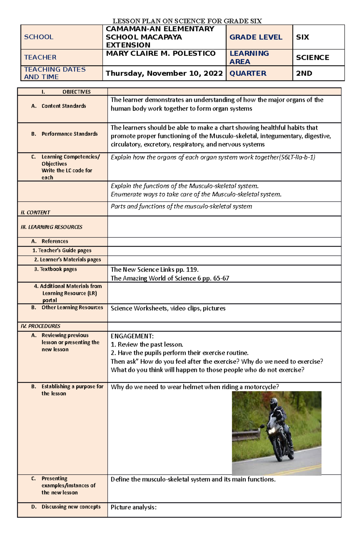 Lesson Plan: Science 6 - Musculo-Skeletal System Teaching Guide - Studocu