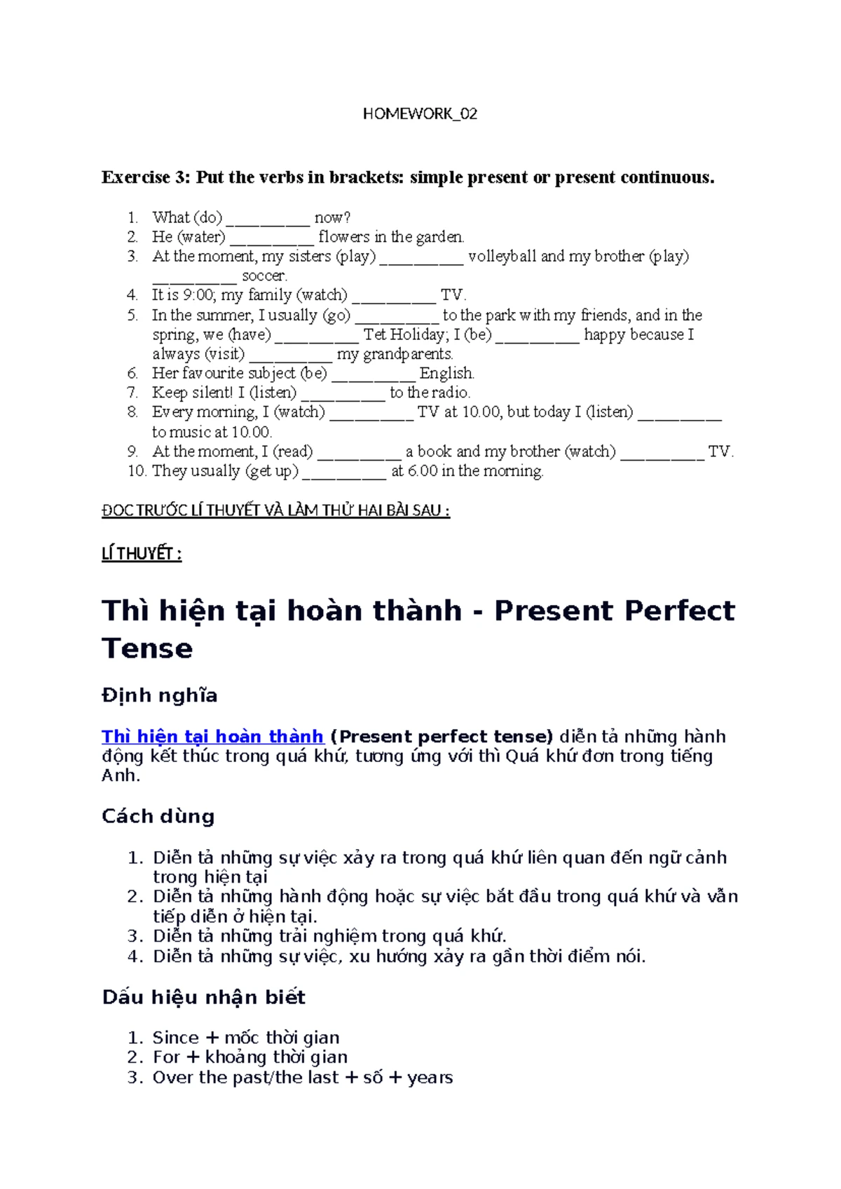 Homework 03: Verbs in Present Perfect & Past Simple Exercises - Studocu