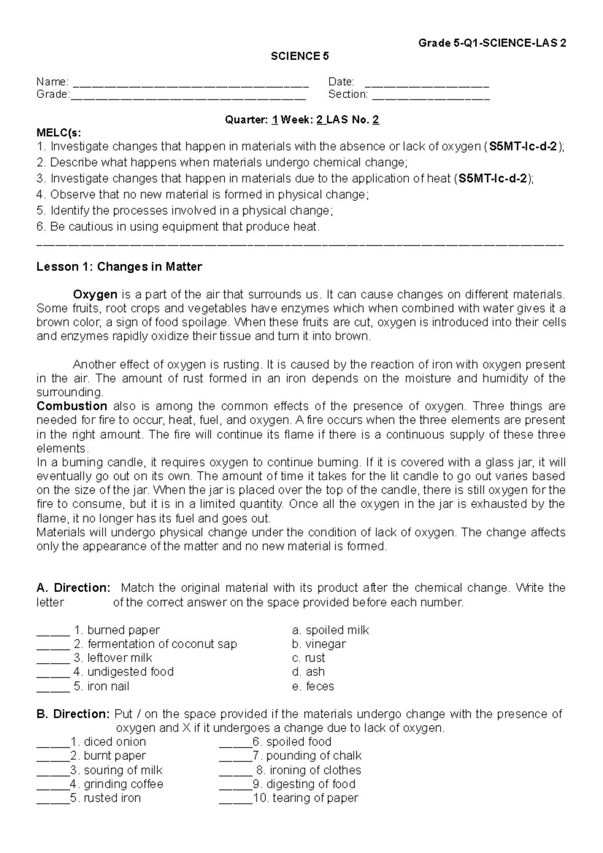 Grade 5 Q1 Science LAS 2: Changes in Matter and Heat Effects - Studocu