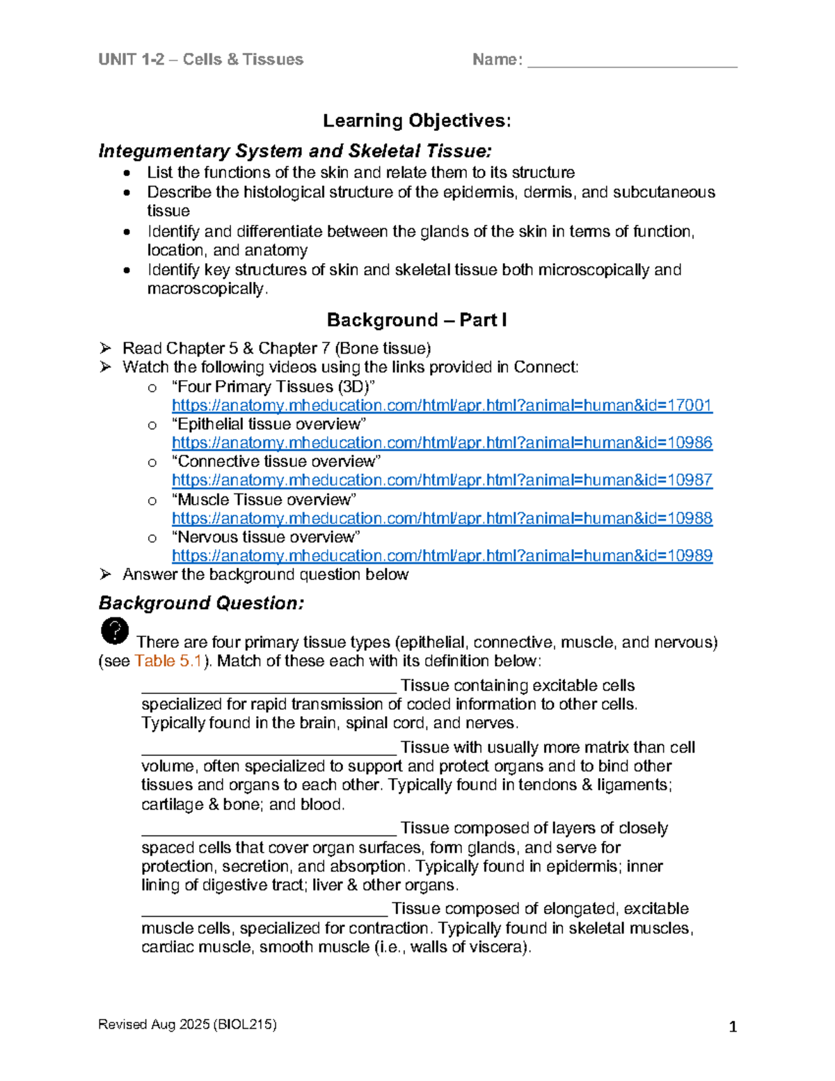 BIOL215 Unit 1-2: Cells and Tissues Study Guide Overview - Studocu