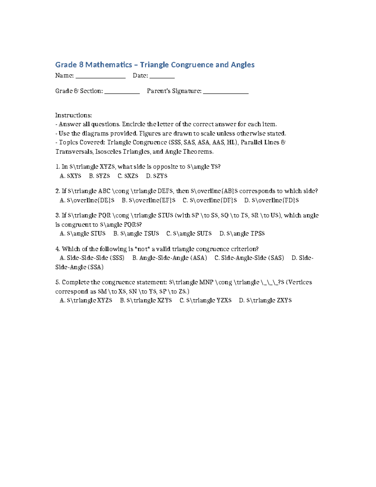 Grade 8 Math Triangle Congruence Final Exam: Concepts & Questions - Studocu