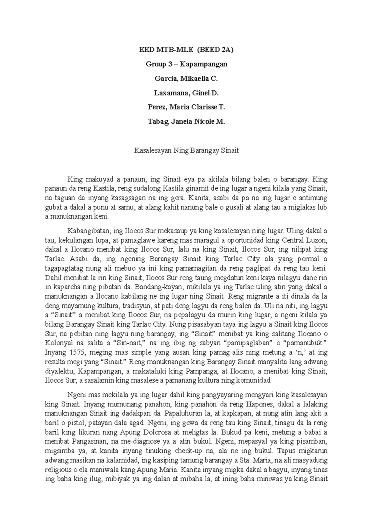 EED (BEED 2A) Group 3 Case Study on Barangay Sinait History - Studocu