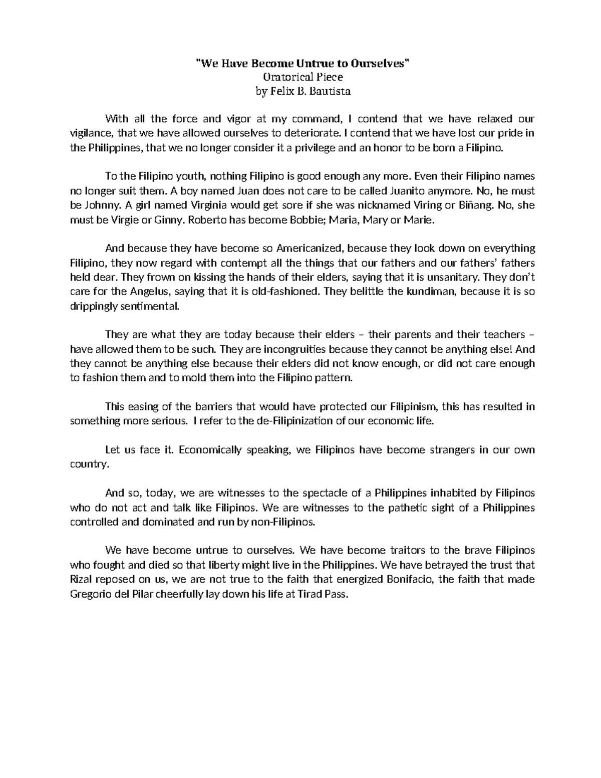 Oratorical Piece: We Have Become Untrue to Ourselves - A Filipino ...
