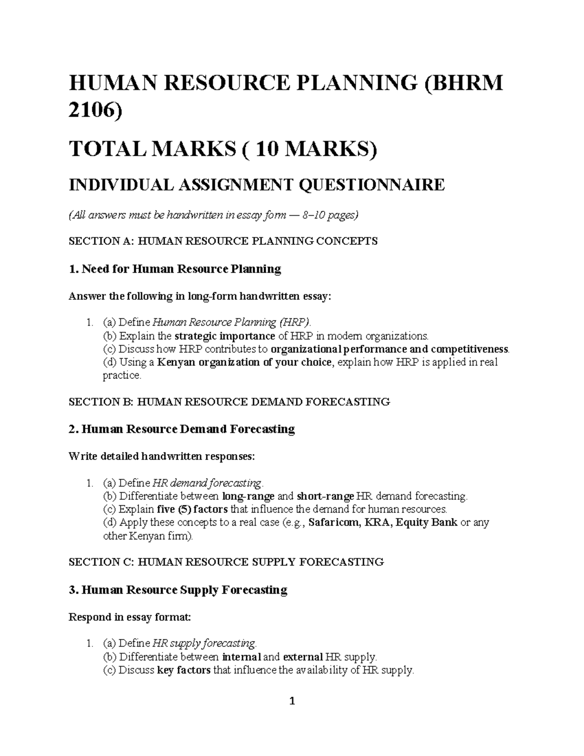 Human Resource Planning Assignment (BHRM 2106) - Essay Questions - Studocu
