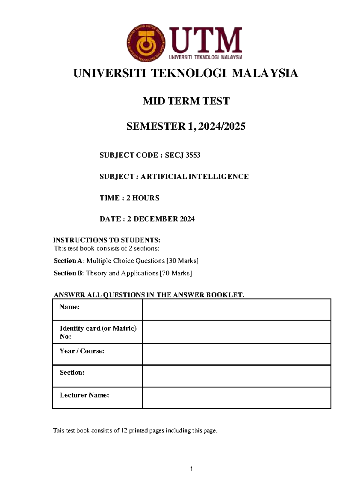 UTM SECJ 3553 Midterm Test: Artificial Intelligence 2024 - Studocu