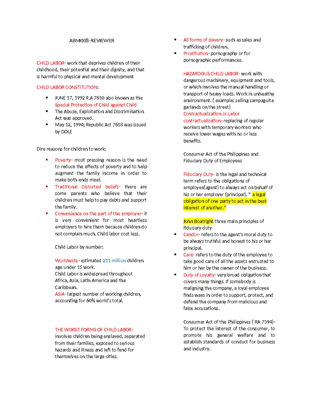 CHILD LABOR & CONSUMER RIGHTS: Insights on R.A. 7610 & 7394 - Studocu