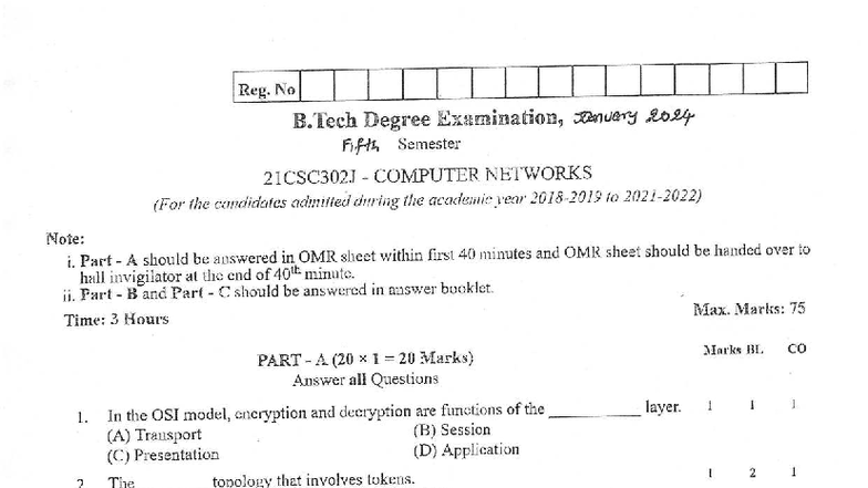 B. Tech 5th Sem 21CSC302J Computer Networks Exam Paper - Jan 2024 - Studocu