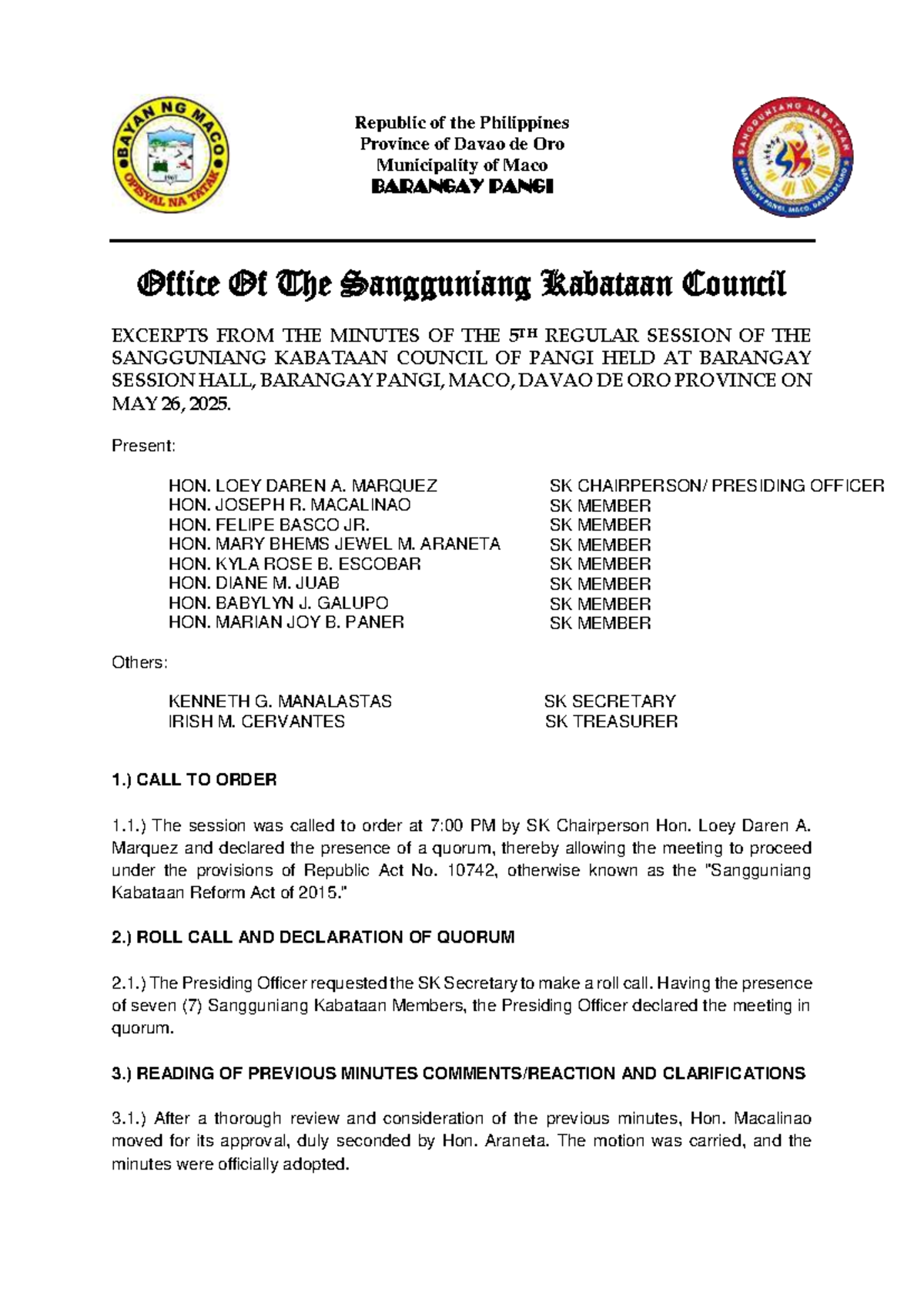 SK Pangi Council 5th Regular Session Minutes - May 2025 - Studocu