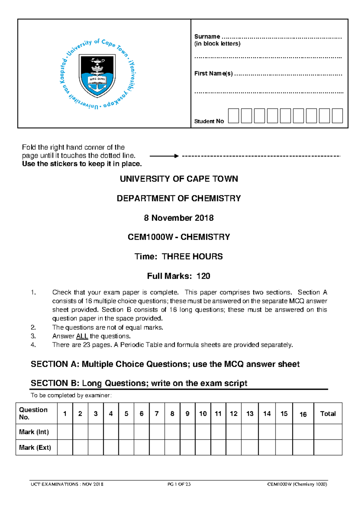 CEM1000W Final Exam Paper Instructions and Question Breakdown 2018 ...