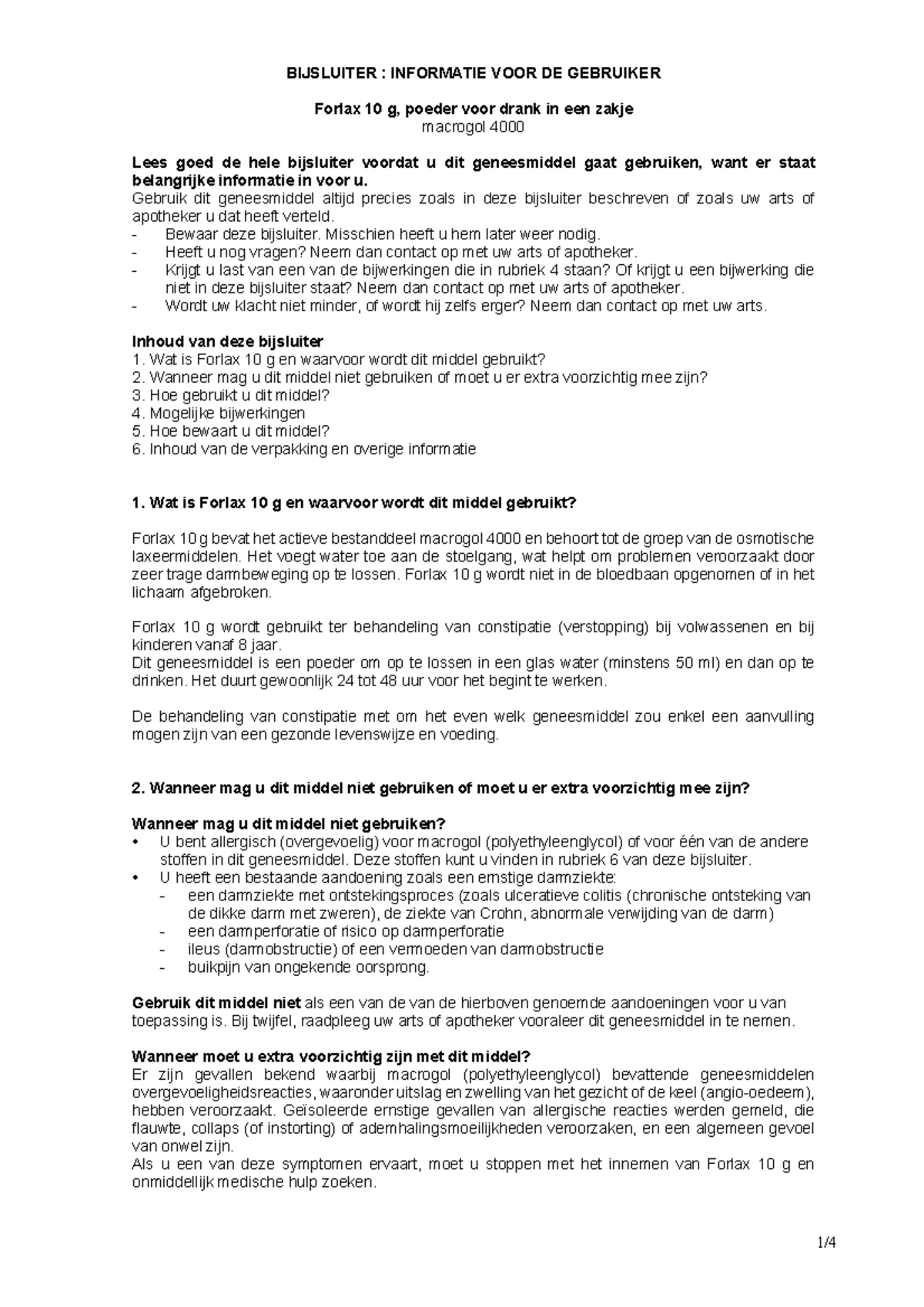 Bijsluiter Forlax 10 g: Informatie voor de Gebruiker en Gebruik - Studocu