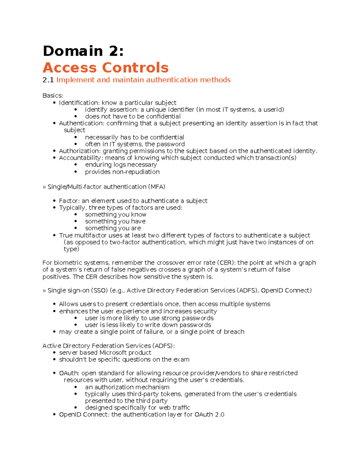 Domain 2: Access Controls Course Notes - Key Concepts and Methods - Studocu