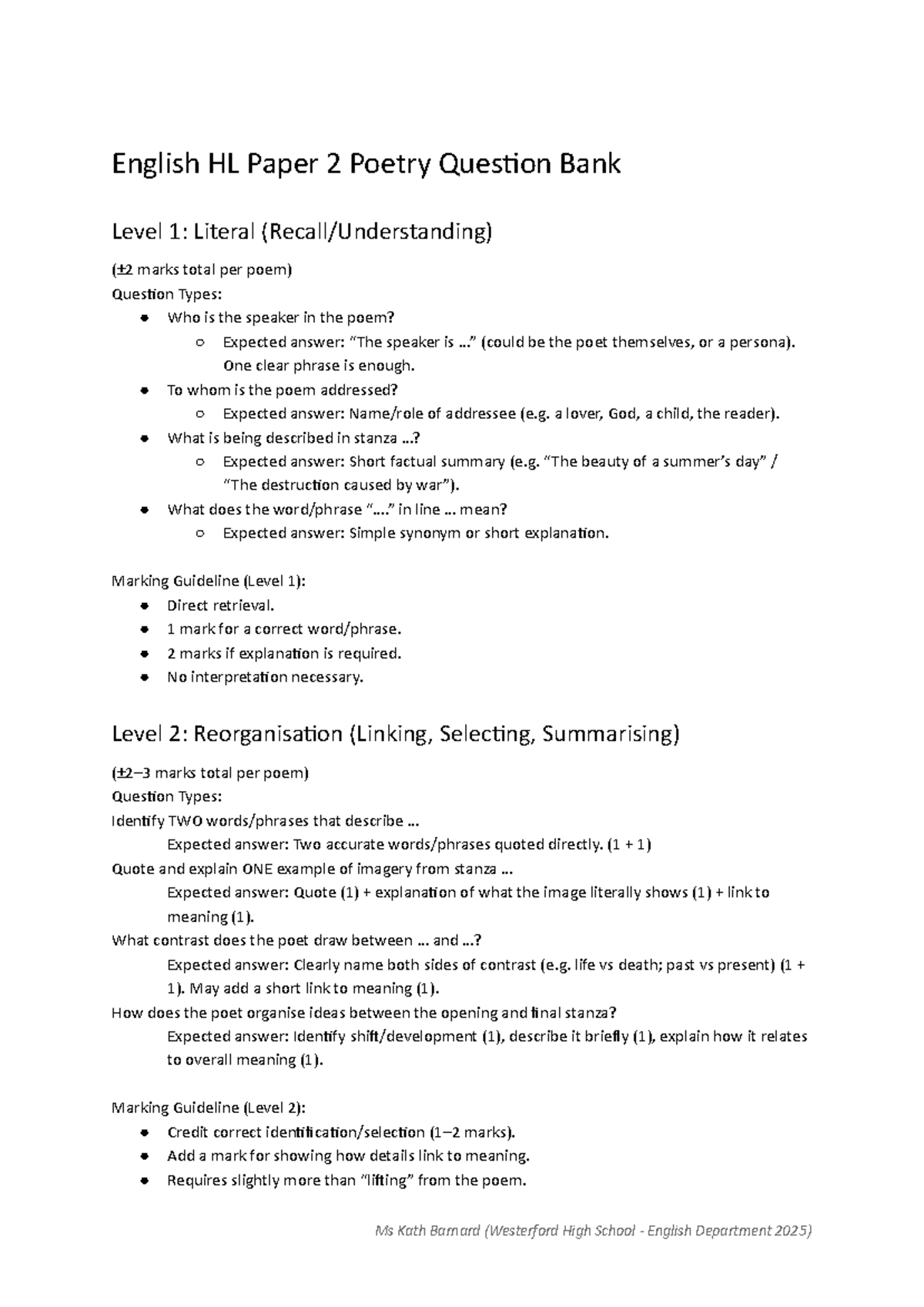 English HL Paper 2 Poetry Question Bank: Analysis & Evaluation Guide ...