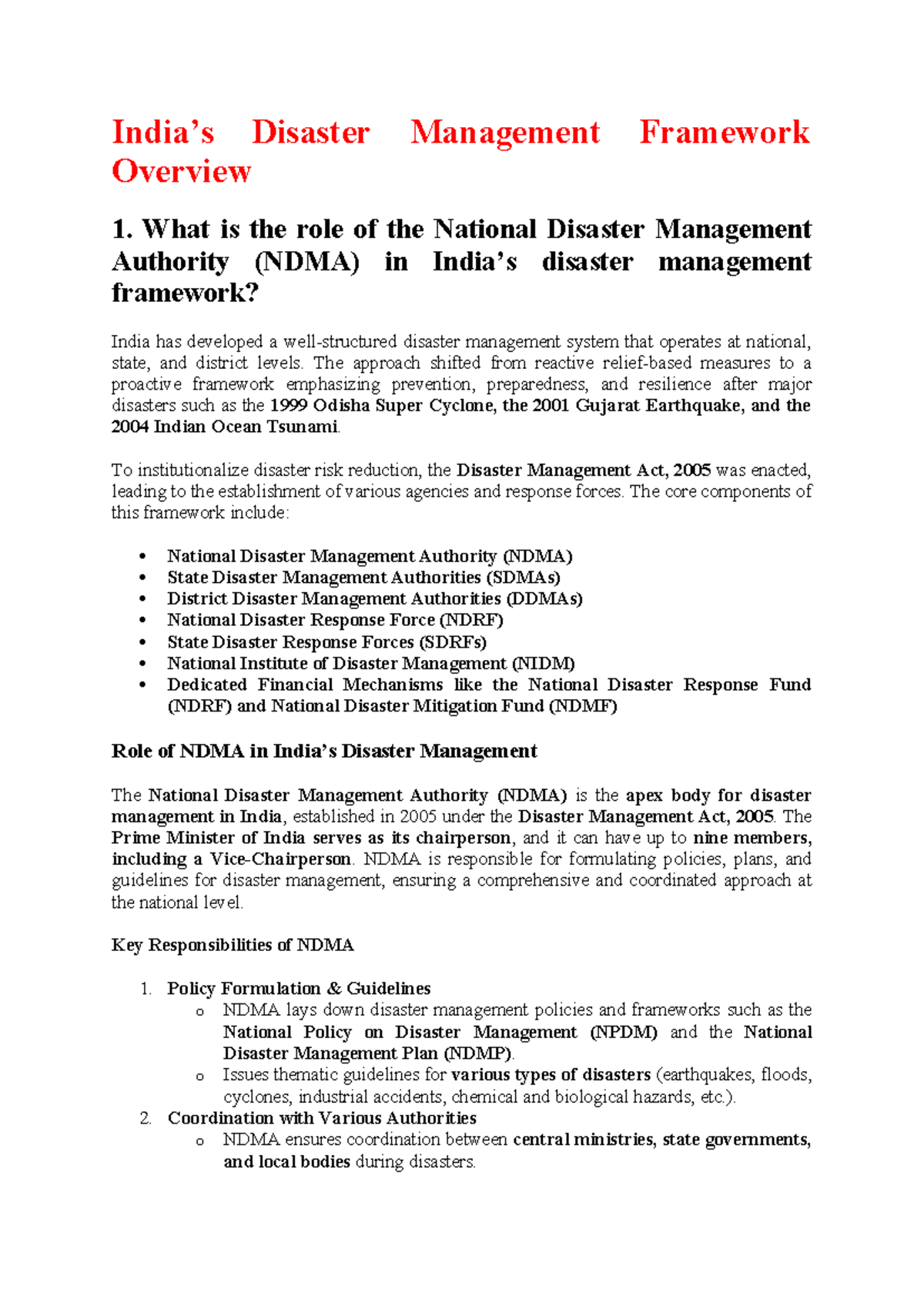 Disaster Management Framework: Role of NDMA and EWS Strategies - Studocu
