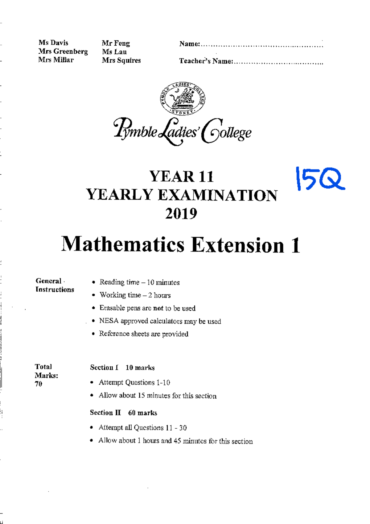 Pymble College 2019 Year 11 3U Mathematics Yearly Exam & Solutions ...