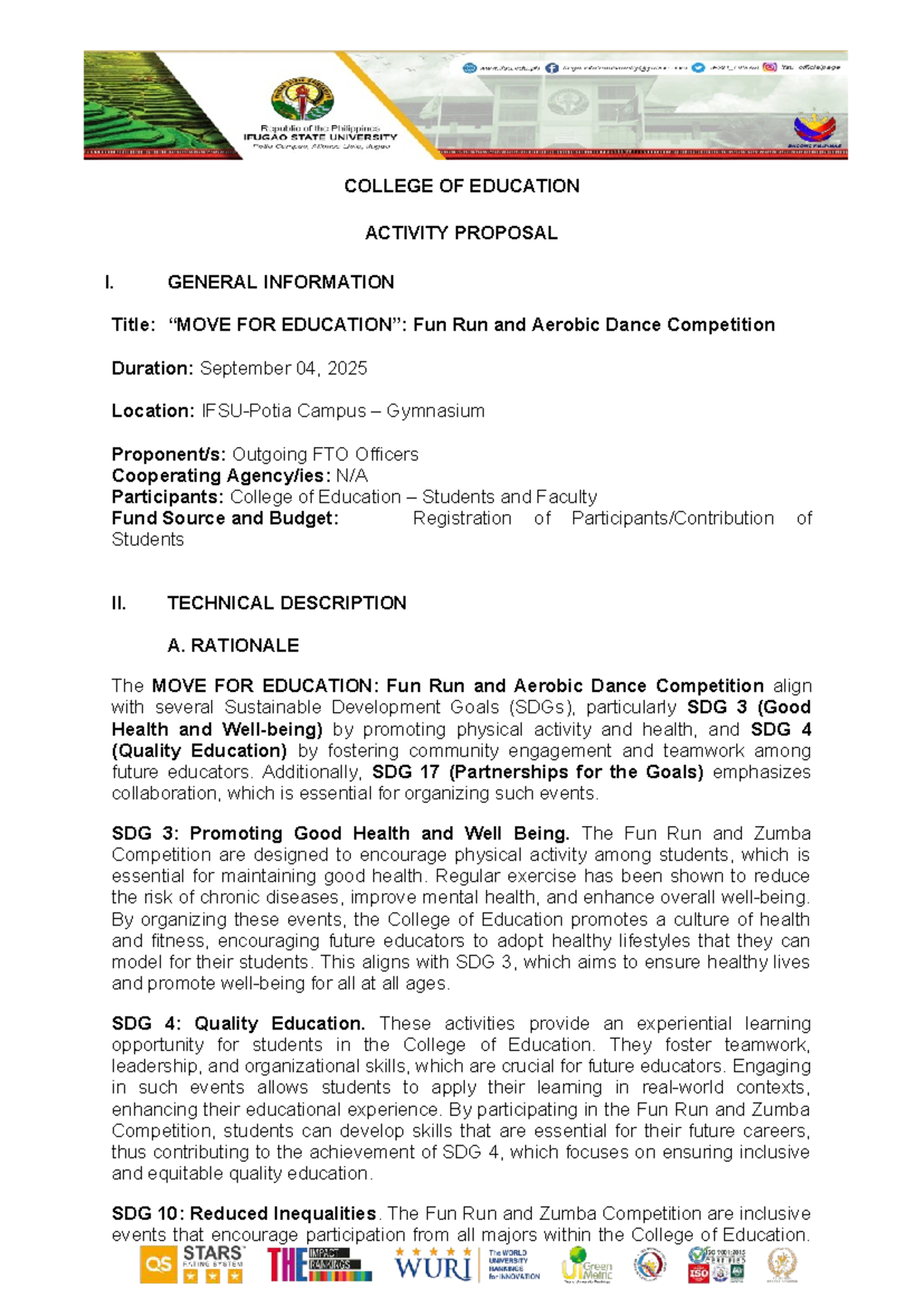 COLLEGE OF EDUCATION FUN RUN & AEROBIC DANCE COMPETITION PROPOSAL - Studocu