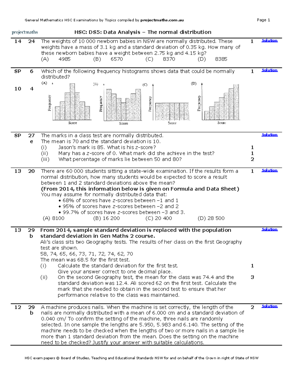 Normal Distribution - HSC Data Analysis Questions & Solutions - Studocu