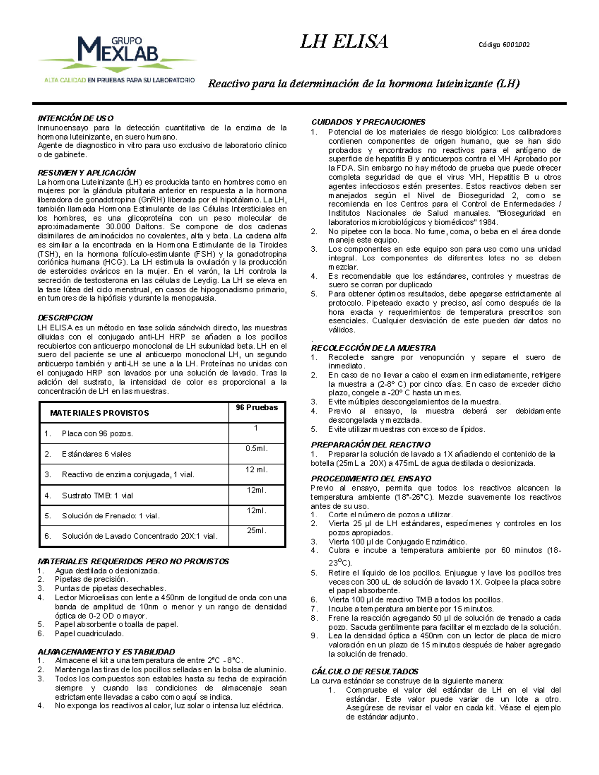 Elisa LH - Prueba inmunológica - LH ELISA Código 6001002 Reactivo para ...