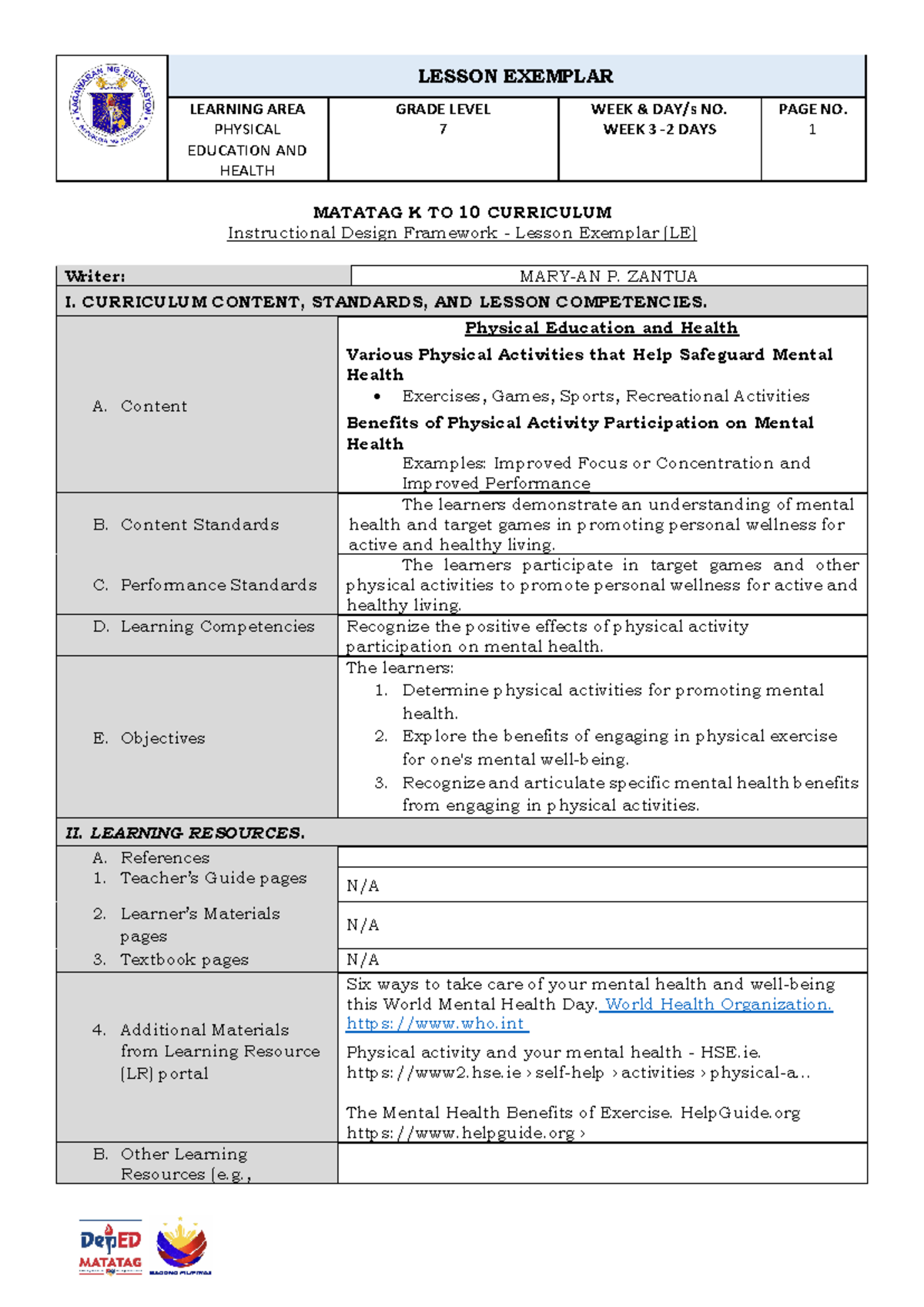 Lesson Exemplar: PE & Health Grade 7 - Week 3 Activities & Mental ...