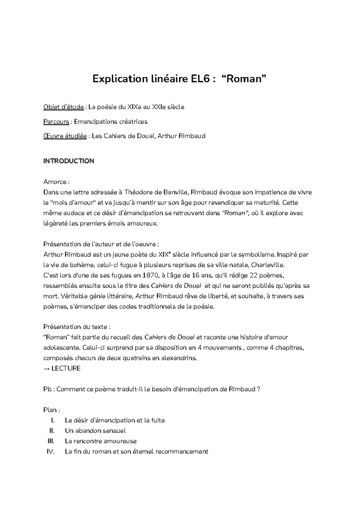 Analyse linéaire EL6 : Poème "Roman" d'Arthur Rimbaud - Studocu