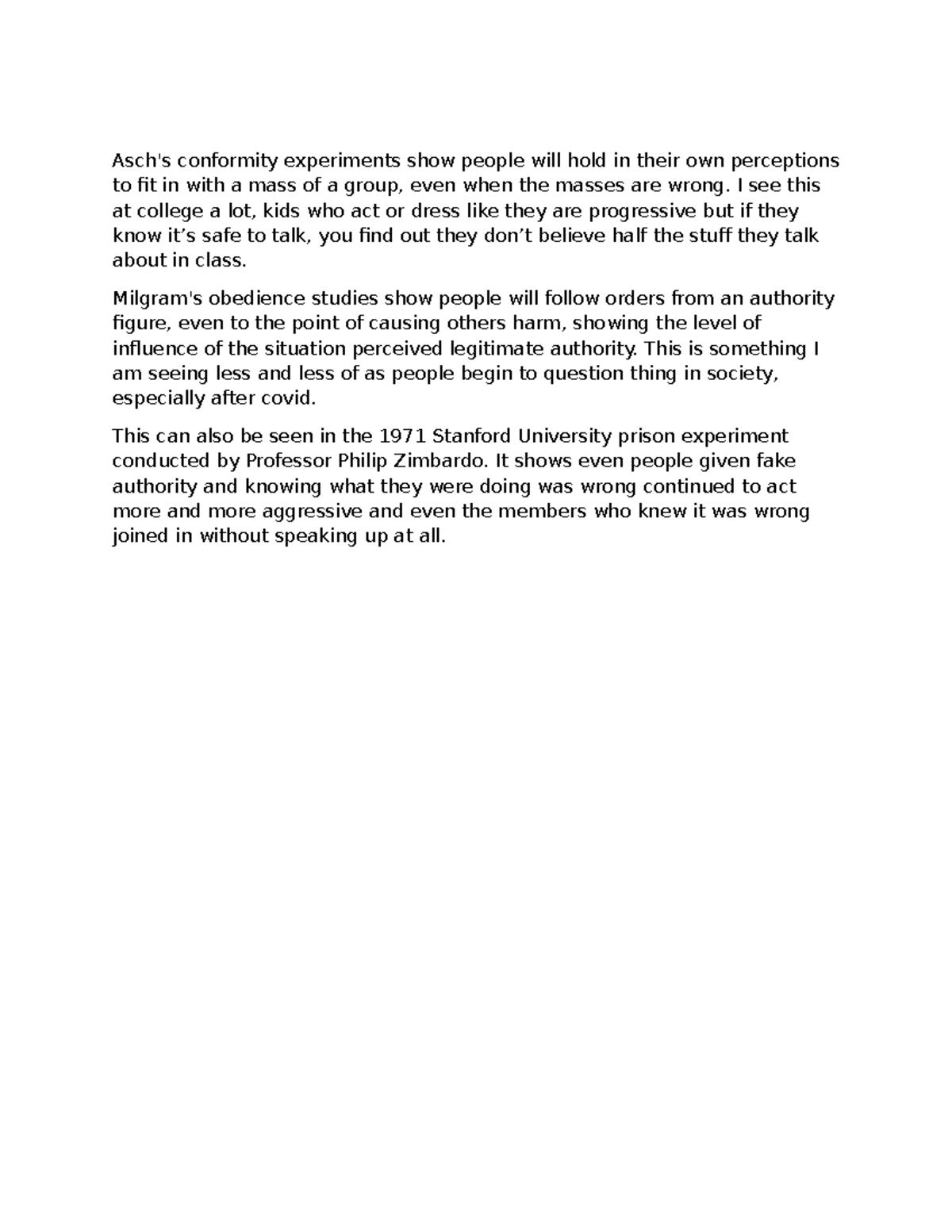 Week 6 - Conformity and Obedience Experiments Outline - Studocu