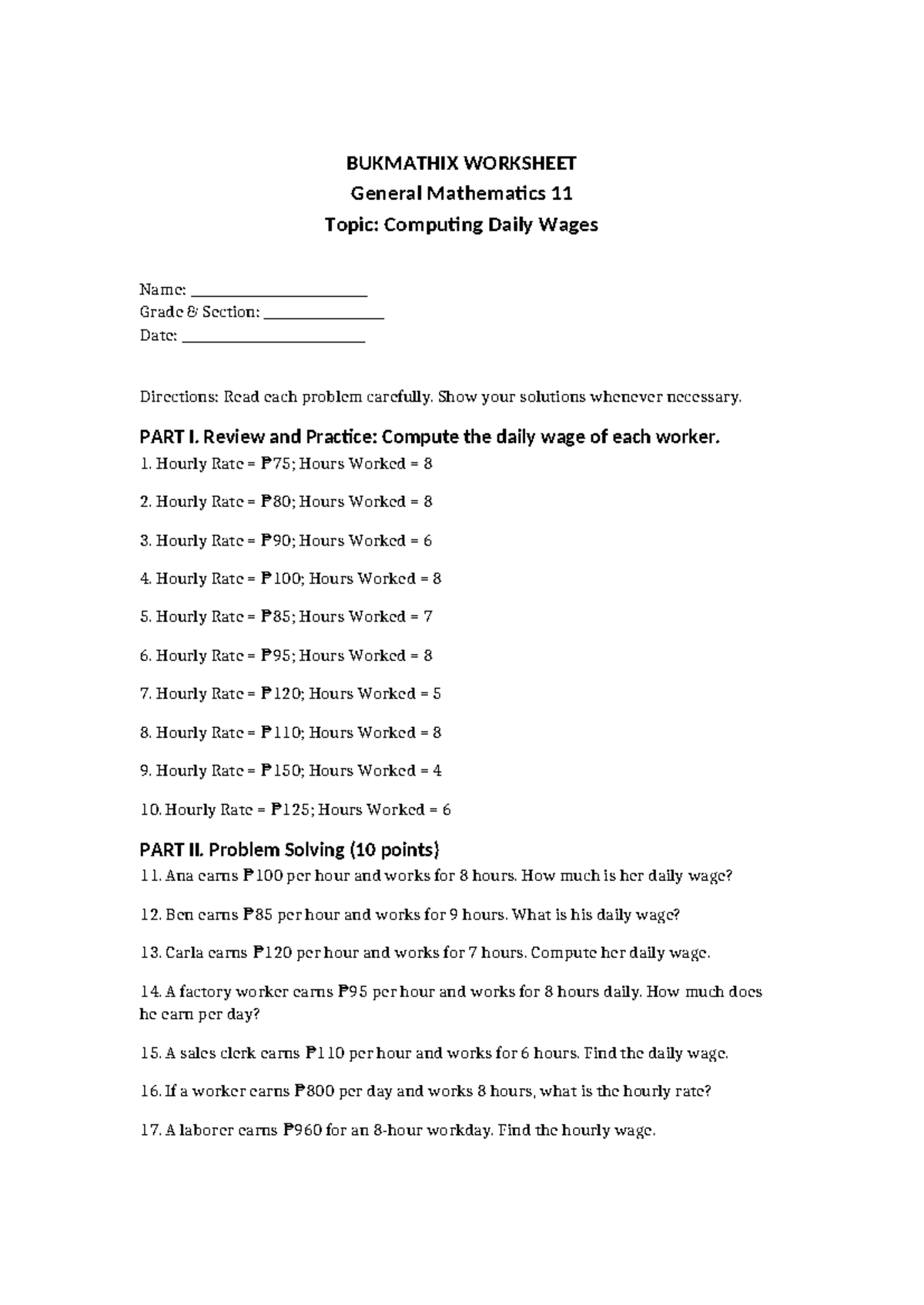 BUKMATHIX WORKSHEET: Computing Daily Wages - Gen Math 11 - Studocu