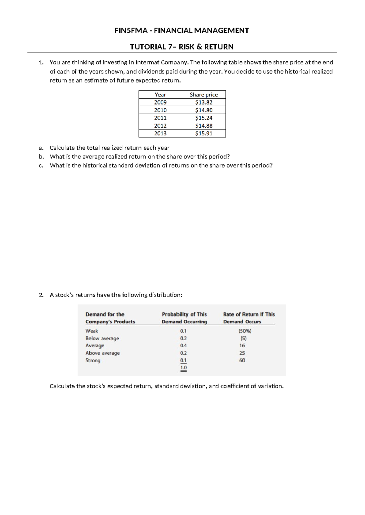 Tutorial 8: Risk & Return Analysis (FIN5FMA) - Studocu