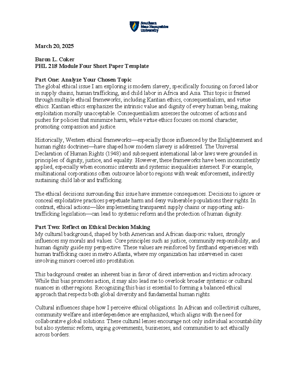 PHL 218 Module Four Short Paper: Analyzing Modern Slavery Ethics - Studocu