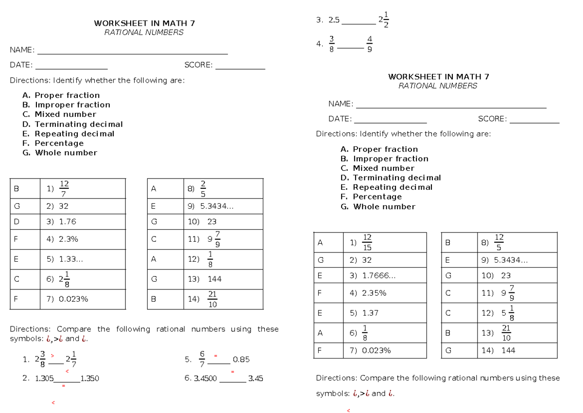 Math 7 Worksheet: Rational Numbers Q2 WS1 OCT 11 24 - Studocu