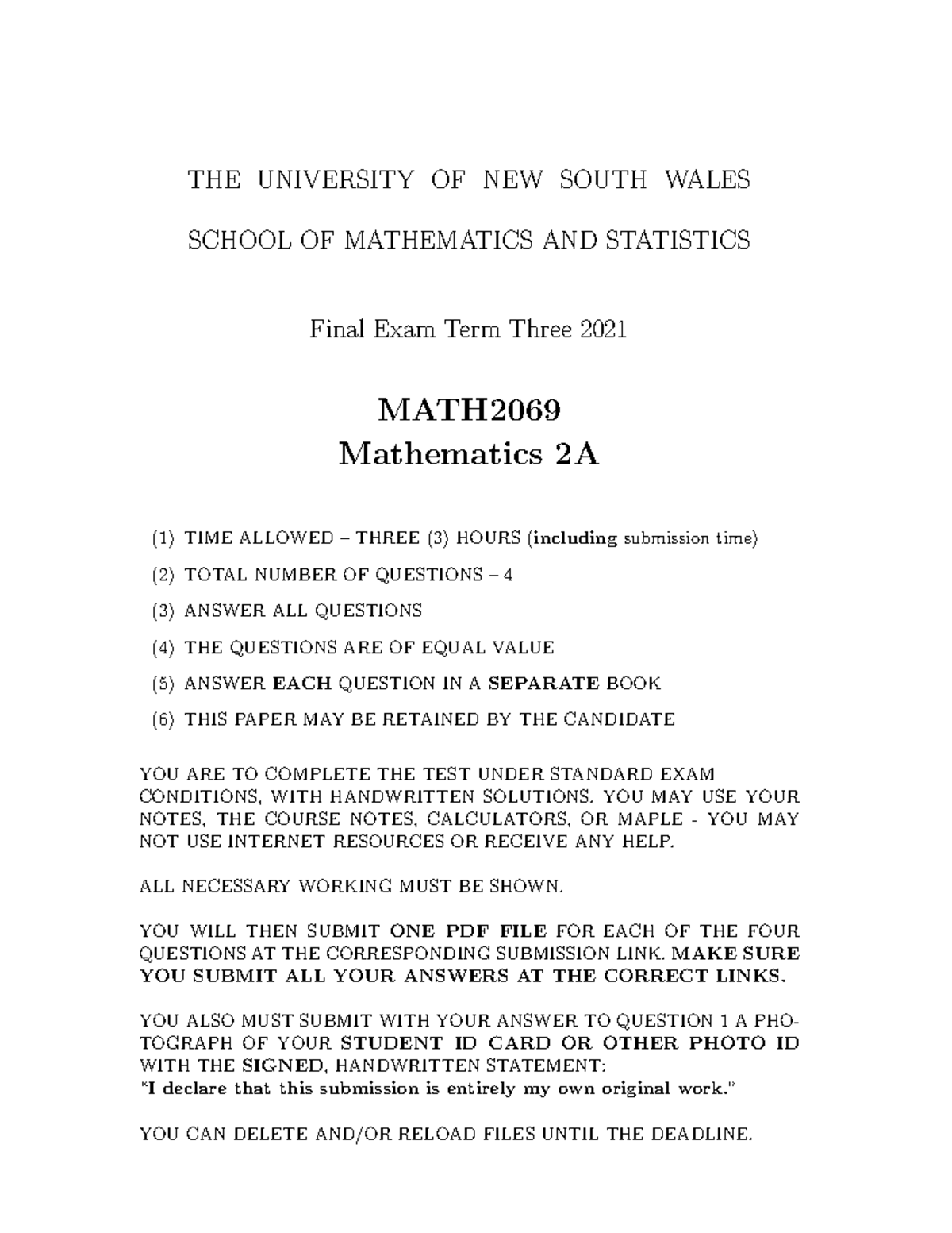 MATH2069 - Final Exam Paper - Mathematics 2A - Term 3, 2021 - Studocu