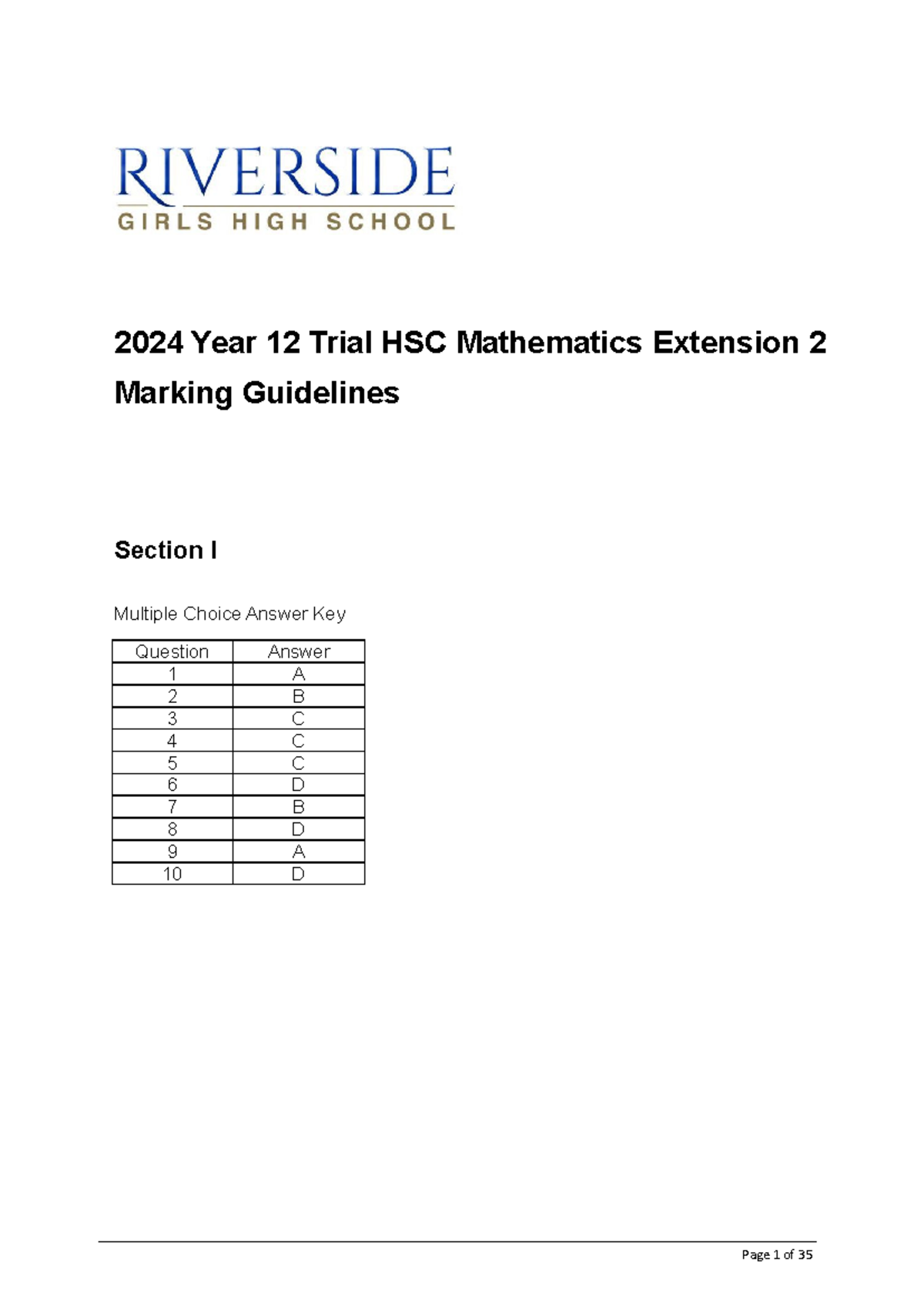 2024 Year 12 Trial HSC Mathematics Extension 2 Marking Guidelines ...