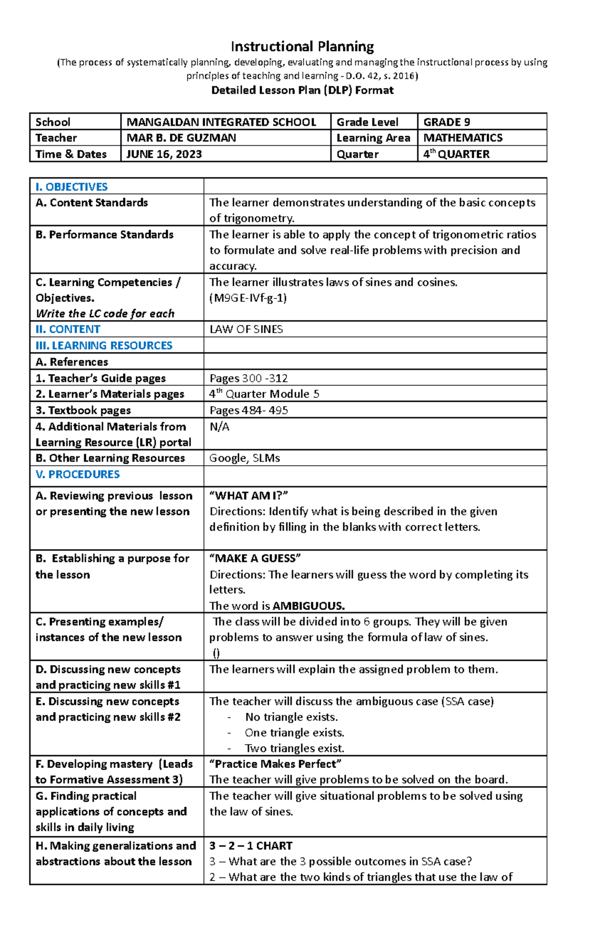 DLP CO2 LAW OF Sines ambiguous - Instructional Planning (The process of ...