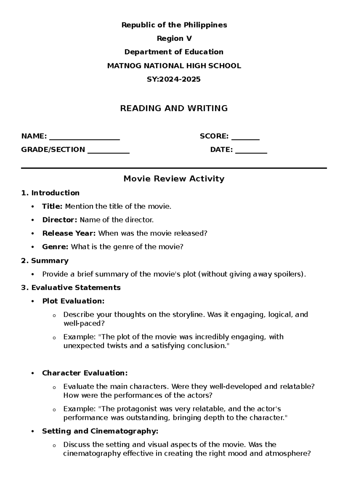 MATNOG NHS Movie Review Format: Guidelines for Evaluation - Studocu
