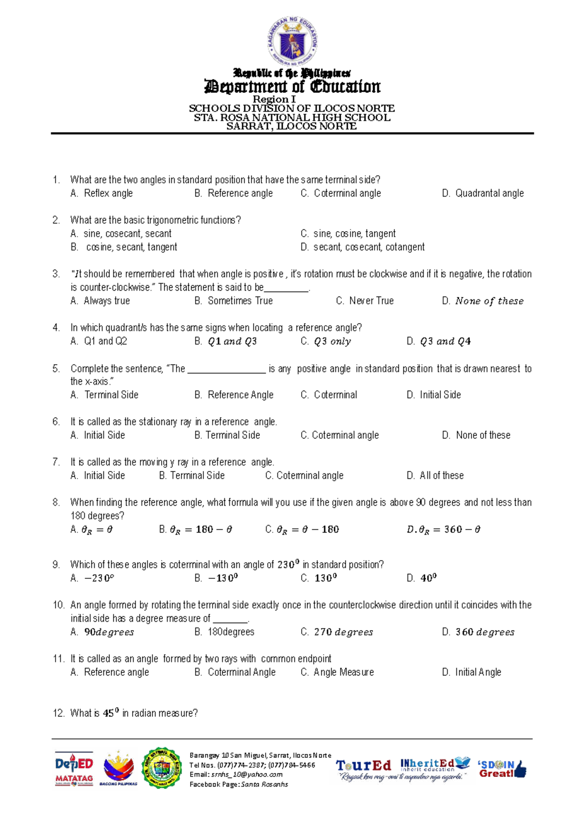 Precalculus Sample Questions: Angles and Trigonometric Functions - Studocu