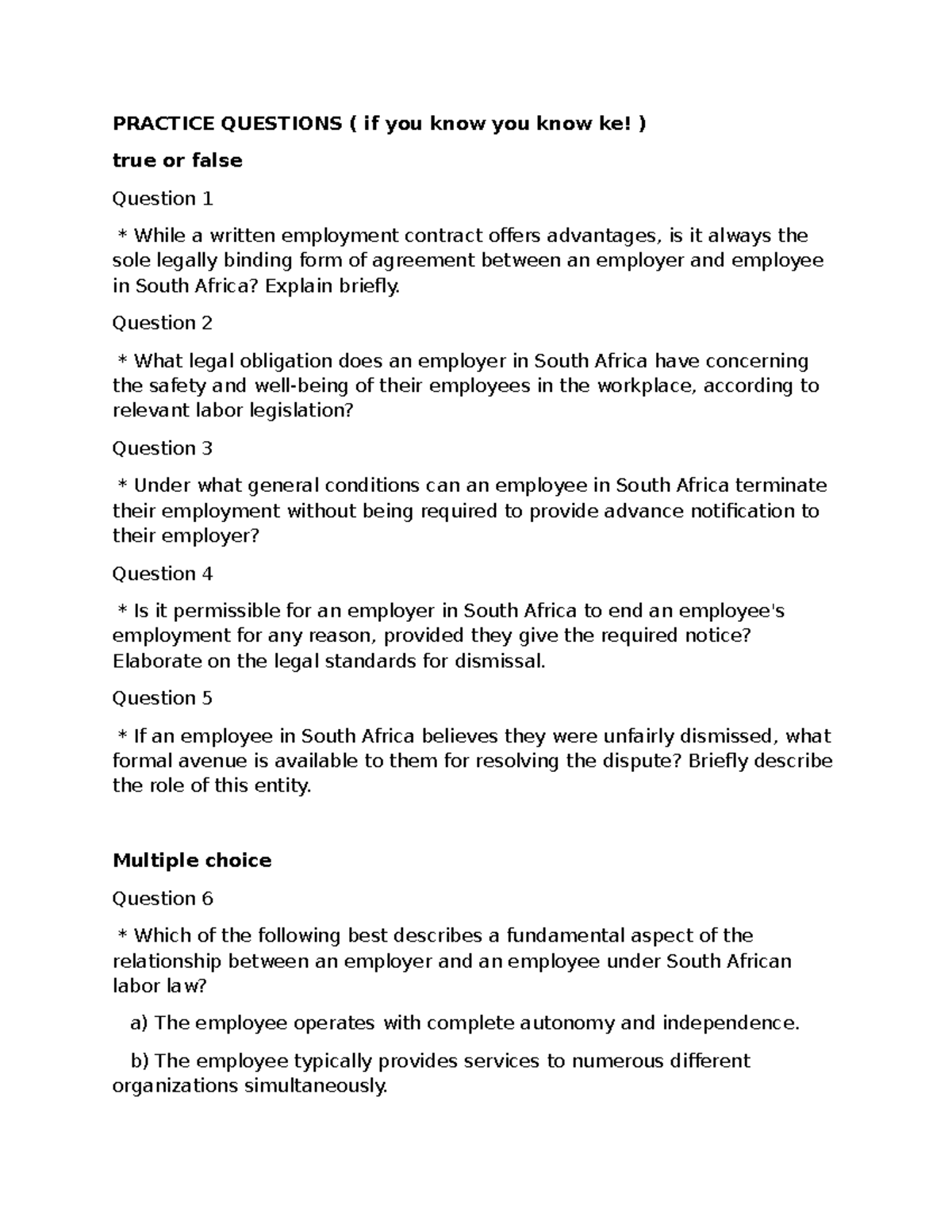 Labour Law Test Questions (Self Study) - True/False & MCQs - Studocu