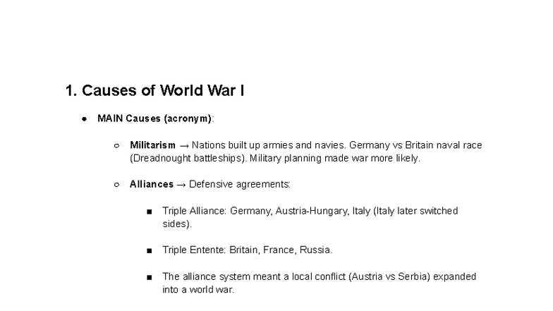 World War I: Causes, Events, and Life in the Trenches (HIST 101) - Studocu