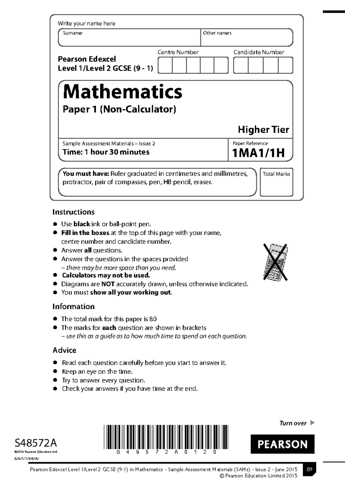Edexcel 1MA1/1H Mathematics GCSE Sample Assessment Materials - June ...